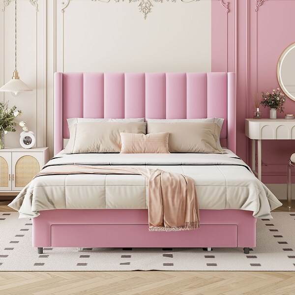 Full Size Velvet Upholstered Platform Bed Frame with A Big Drawer Pink
